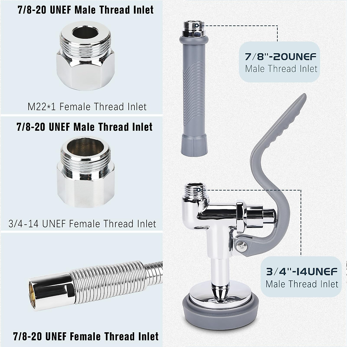 Spray Valve with 38” Commercial Sink Sprayer Hose and Pre Rinse Hose Spring, Pre Rinse Sprayer with Flexible Stainless Steel Hose & Spring Assembly for Commercial Kitchen Faucets (Grey)