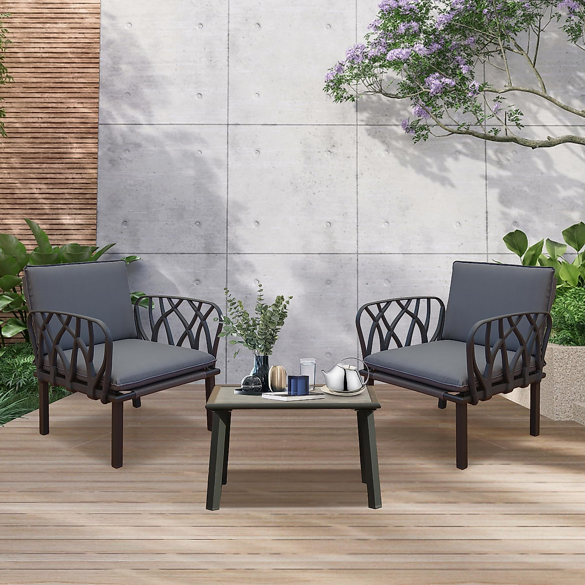 Domi Outdoor Chairs Set of 2 with Side Table, All-Weather Modern Plastic Metal Dining Chairs Patio Furniture with Arms & Removable Gray Cushions for for Balcony, Backyard, Pool, Porch