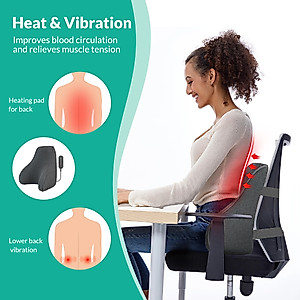 Snailax Heated Lumbar Support Pillow for Office Chair, Back Support Pillow for Car, Adjustable Heat and Vibration, Ergonomic Back Cushion, Improve Posture & Pain, Lower Back Massager,Gifts
