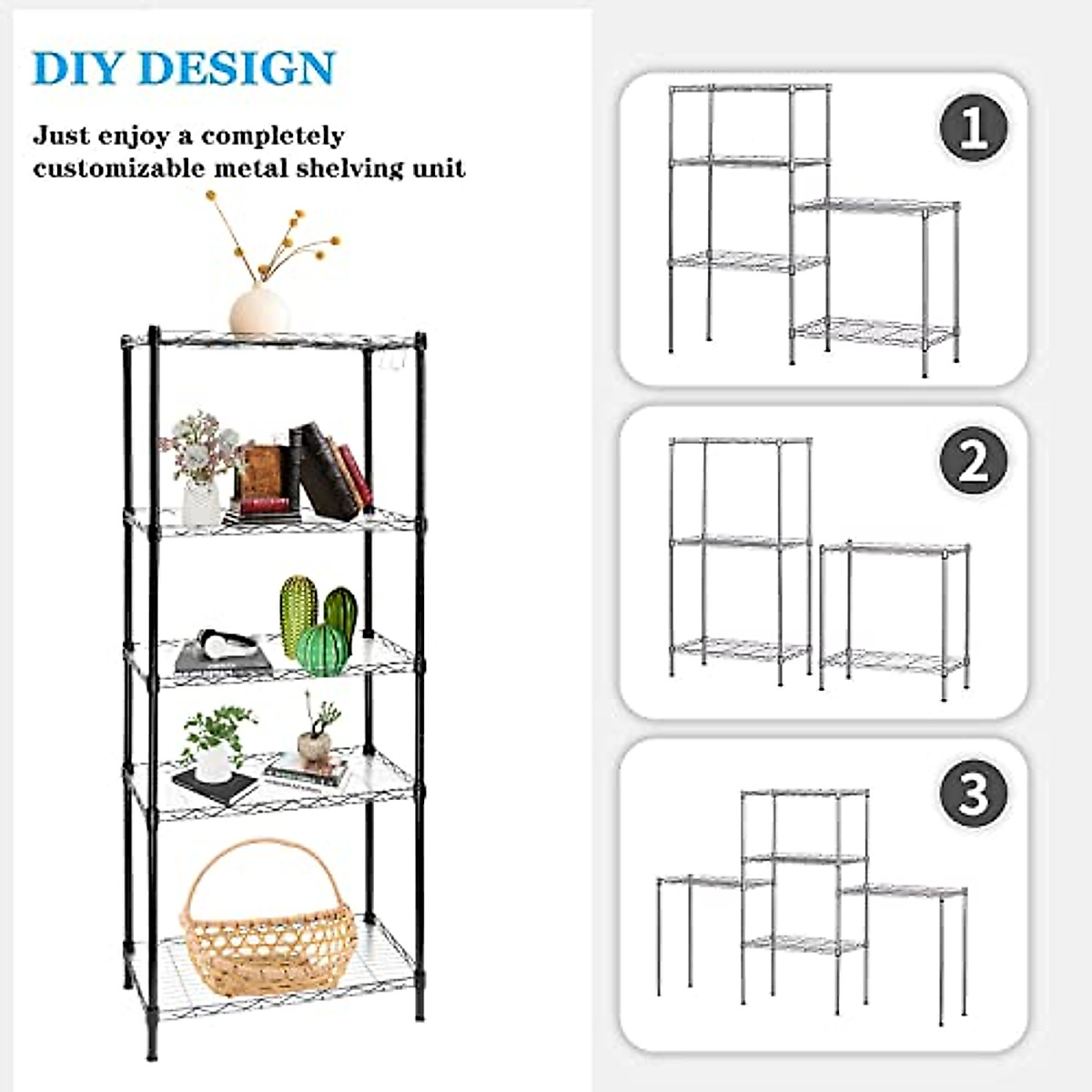 vkahaak 5 Tier Adjustable Wire Shelving Unit, 22" x 12" x 60" Metal Storage Rack with 4 Hooks, Steel Utility Storage Shelf Organization for Kitchen/Garage/Bathroom/Pantry/Closet, Black