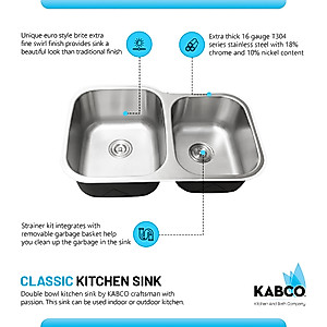 KABCO 32 Inch Stainless Steel 60/40 Double Unequal Bowl Classic Kitchen Sink Only, Extra Thick 16 Gauge Undermount Rust Resistant, Sound and Heatproof Sink