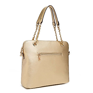 Nicole Lee Elena Tote, Chain Link Vegan Leather Strap, Front Pocket - Gold