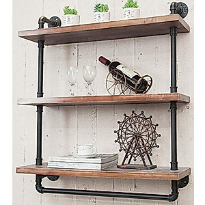 BIXIRAO Industrial Wall Mounted Iron Floating Pipe Shelves/Shelving/Racks/Storage/Bookcases/Brackets, DIY Open Bookshelves/Shelving for Kitchen/Office, Retro Black (3-Tier Floating Shelves)