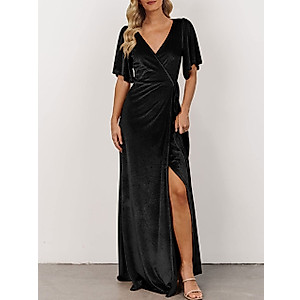 MEROKEETY Women's Short Sleeve Vintage Velvet Long Dress Sexy Boho Wedding Guest Evening Maxi Dresses, Black, Large