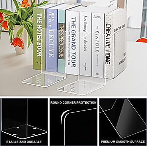 Acrylic Bookends 2 Pieces, VFINE Clear Bookends for Shelves Decor Heavy Duty Book Ends and Desktop Organizer, Book Stopper for Home Office School Supplies, 7.28 * 4.7 * 4.7 inch