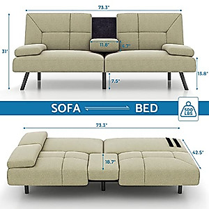 LIFERECORD Futon Sofa Bed Modern Linen Fabric Convertible Folding Lounge Couch Daybed for Living Room with 2 Cup Holders, Removable Soft Armrest and Sturdy Metal Leg, Khaki
