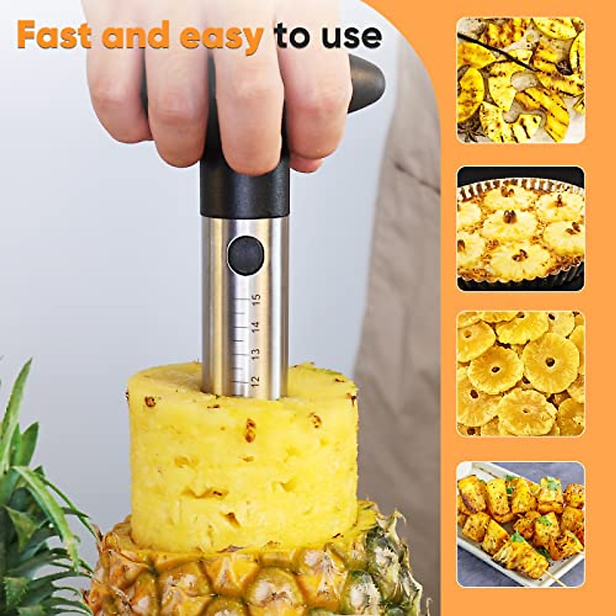OOKUU Pineapple Corer Cutter, Stainless Steel Fruit Pineapple Peeler Slicer [Upgraded, Reinforced, Thicker Blade], Pineapple Core Remover with Measure Mark, Kitchen Tool for Diced Pineapple Rings