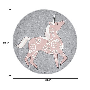 SAFAVIEH Carousel Kids Collection 6'7" Round Grey/Pink CRK163F Unicorn Non-Shedding Playroom Nursery Bedroom Area Rug