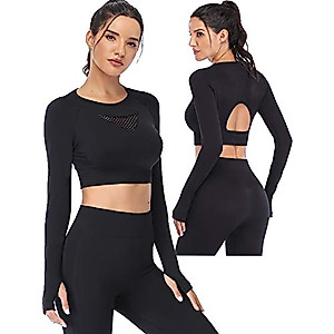 JOLLMONO Workout Sets for Women 2 Piece Yoga Gym Outfits Seamless Ribbed Leggings with Long Sleeve Tops(8003S-Black)