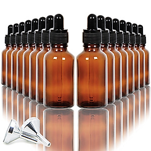 Youngever 16 Pack 1 Ounce Amber Glass Dropper Bottles for Essential Oil, 2 Stainless Steel Mini Funnels