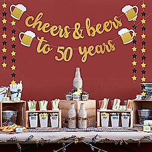 50th Birthday Decorations for Men/Women - 50th Birthday Gifts - Cheers & Beers to 50 Years Gold Glitter Banner - 50th Anniversary Decorations for Party, 50th Wedding Party Supplies for Couple