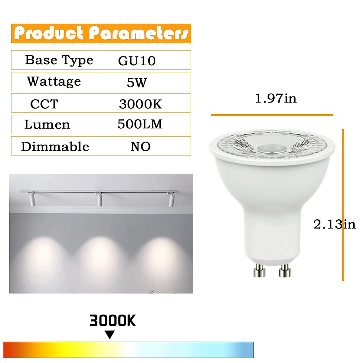 Geminilite GU10 LED Bulbs Non-Dimmable, 3000K Warm Light Replacement for Recessed Track Lighting, 5W GU10 Bulb with 38° Spotlight for Kitchen, Range Hood, Living Room, 6 Pack 120V