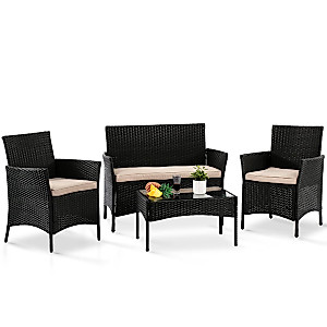 Dkeli 4 Pieces Outdoor Patio Furniture Wicker Bistro Sets with Thickened Cushions & Table Modern Rattan Chair Conversation Sets for Backyard Porch Poolside Lawn Garden, Black