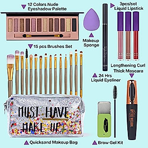 All in One Makeup Set For Women Full Kit - 12 Colors Nude Eyeshadow Palette, Waterproof Black Mascara Eyeliner Pen, 3pcs Matte Liquid Lipstick Set, Eyebrow Soap Gel Kit, 12 pcs Brushes Set Makeup Sponge with Makeup Bag Gift Set