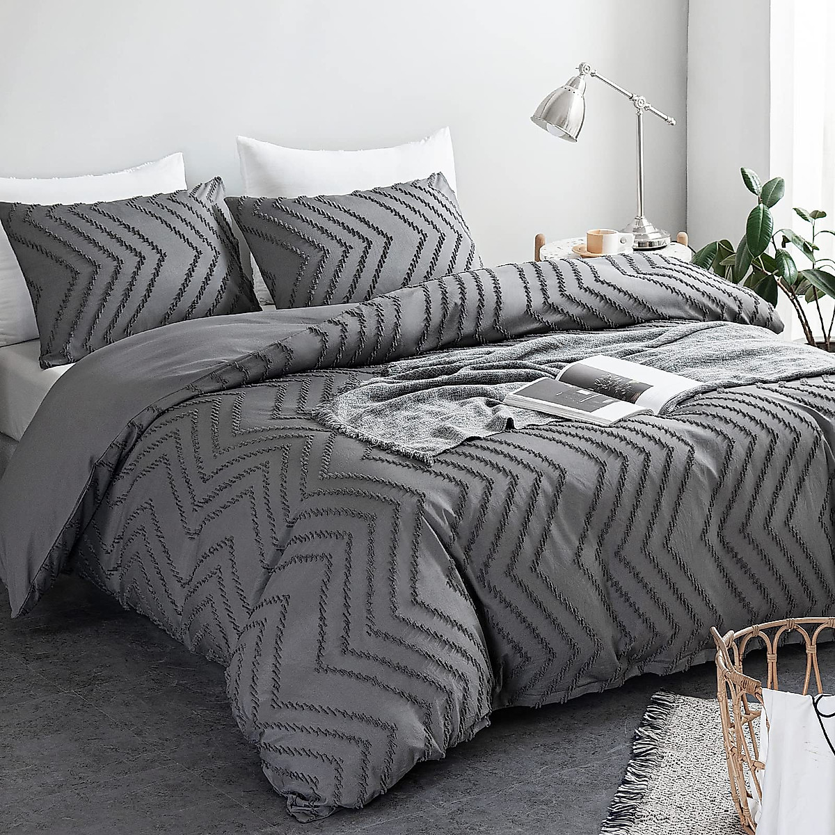 WARMDERN Boho Duvet Cover Set, Tufted Bedding Duvet Covers Soft Washed Microfiber Duvet Cover Twin Size, 2 Pieces Embroidery Shabby Chic Duvet Cover with Zipper Closure(Grey, Twin)