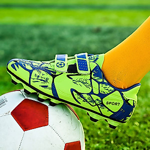 FUQIAO Kids Firm Ground Soccer Cleats for Boys Girls Outdoor Athletic Turf Shoes Indoor Football Trainning Sneakers, Green, 13.5 Little Kid