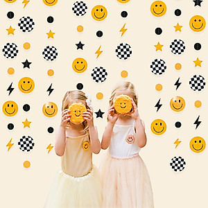 One Happy Dude 1st Birthday Decorations Black Yellow Smile Face Lightning Star Checkered Circle Dot Smiley Face Garland Streamer for Baby Shower First Birthday Wedding Hippie Party Decoration Supplies