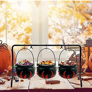 Ahzemepinyo Halloween Witches Cauldron Serving Bowls with Hangers On the Rack 3 Pieces Black Plastic Candy Bucket Cauldron with Cauldron Rack Hanging Stand for Halloween Party Decorations