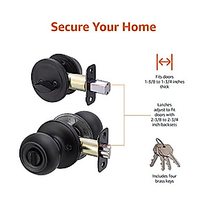 Amazon Basics Exterior Door Knob With Lock and Deadbolt, Coastal, Matte Black