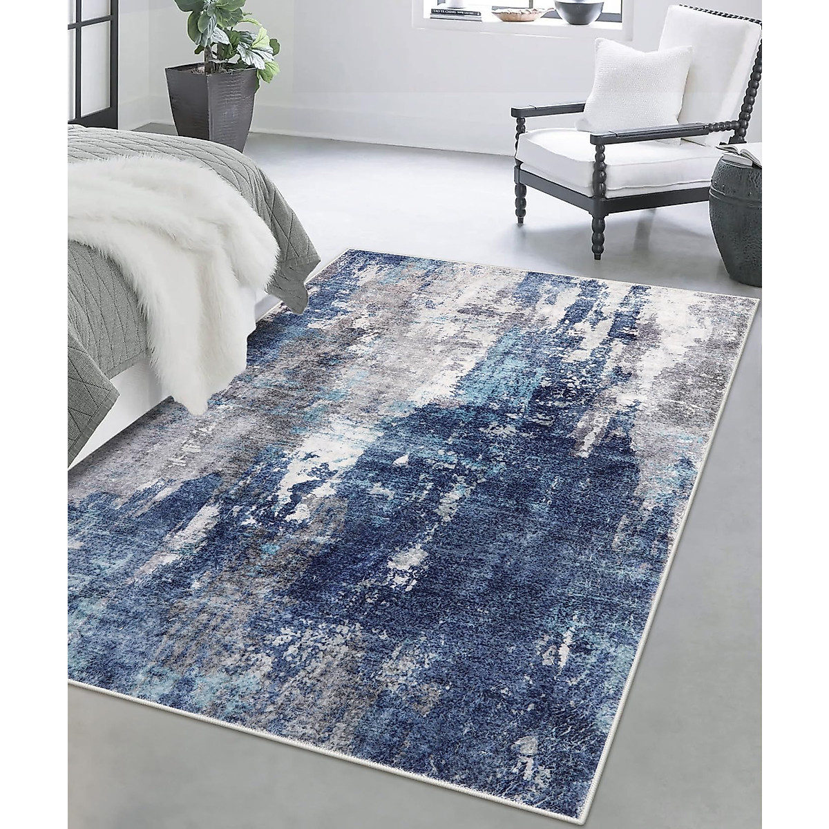 Uphome 5x7 Living Room Rug, Modern Washable Rug for Bedroom, Abstract Soft Non-Slip Dining Room Rug, Blue Aesthetic Foldable Indoor Carpet for Nursery Kitchen Playroom