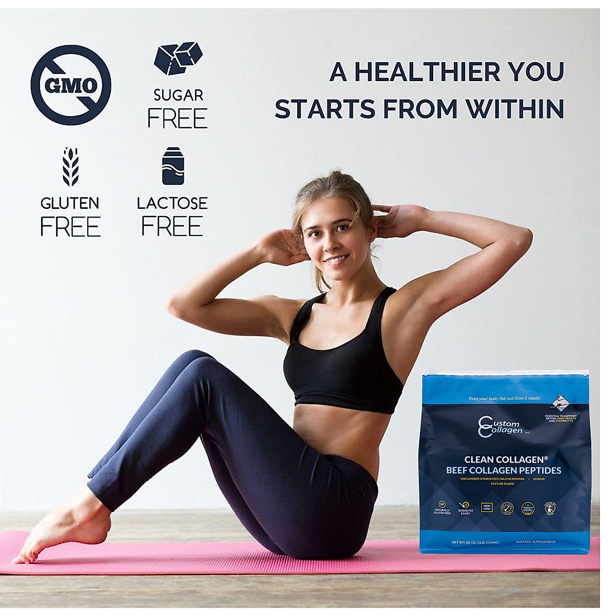 Collagen Peptides Powder 5lb (80oz) Pouch - Clean Collagen® - Unflavored, Grass Fed, Paleo, Non GMO, Kosher - Highly Soluble Protein