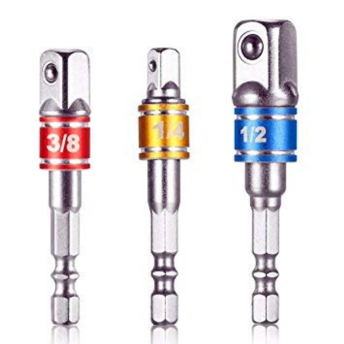 ACENIX 3 Pcs Set Power Hand Tools Driver Extension Socket Adapter Sets, 3Pcs 1/4" 3/8" 1/2" Hex Shank Bit Square Nut Driver Set Power Drill Cordless Impact Sockets Bit Set Adapter