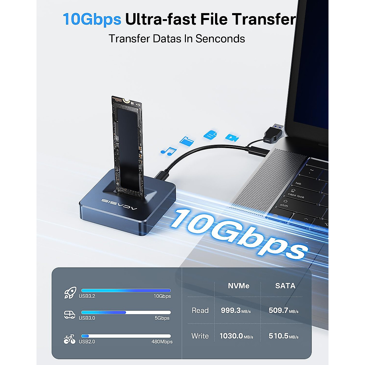 ACASIS NVME SSD Reader Adapter, Aluminium Alloy Housing Fast Heat Dissipation, NVME to USB Docking Station, M.2 SSD to USB Adapter 10Gbps, Support M.2 (M Key) NVMe SSD and (B+M Key) SATA-Based SSD