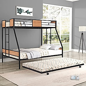 WIILAYOK Metal Bunk Bed Twin Over Full Bunk Bed with Trundle,Heavy Duty Metal Bunk Bed Frame with Safety Rail and Two-Side Ladders for Kids Teens Adults (Black)