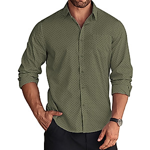 COOFANDY Men's Business Dress Shirt Long Sleeve Regular Fit Shirt Casual Polka Dot Printed Button Down Shirts Army Green