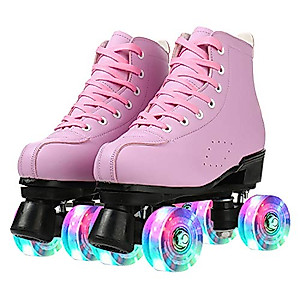 Women's Roller Skates PU Leather High-top Roller Skates Four-Wheel Roller Skates Shiny Roller Skates with Carry Bag for Girls (Pink Flash Wheel,9)