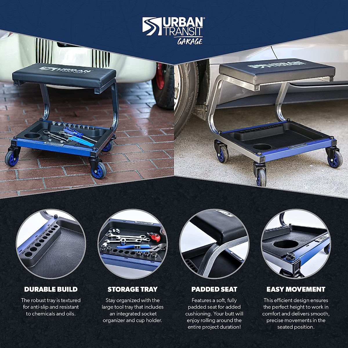 URBANTRANSIT FastBack Shop Stool - 350 Lb Capacity Rolling Stool for The Garage and Workshop, with Organizer Tray and Cupholder - 3 Inch Premium Casters - an Ideal Mechanics Stool or Workshop Stool