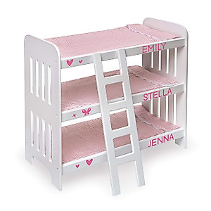 Badger Basket Triple Doll Bunk Bed with Ladder and Bedding for 20-Inch Dolls – Pink Gingham Design with Personalization Kit