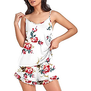 POPYOUNG Ruffled Camisoles Pajamas for Women's Sexy Sleepwear Soft Lingerie Cami Shorts Set Nightwear S,Floral White