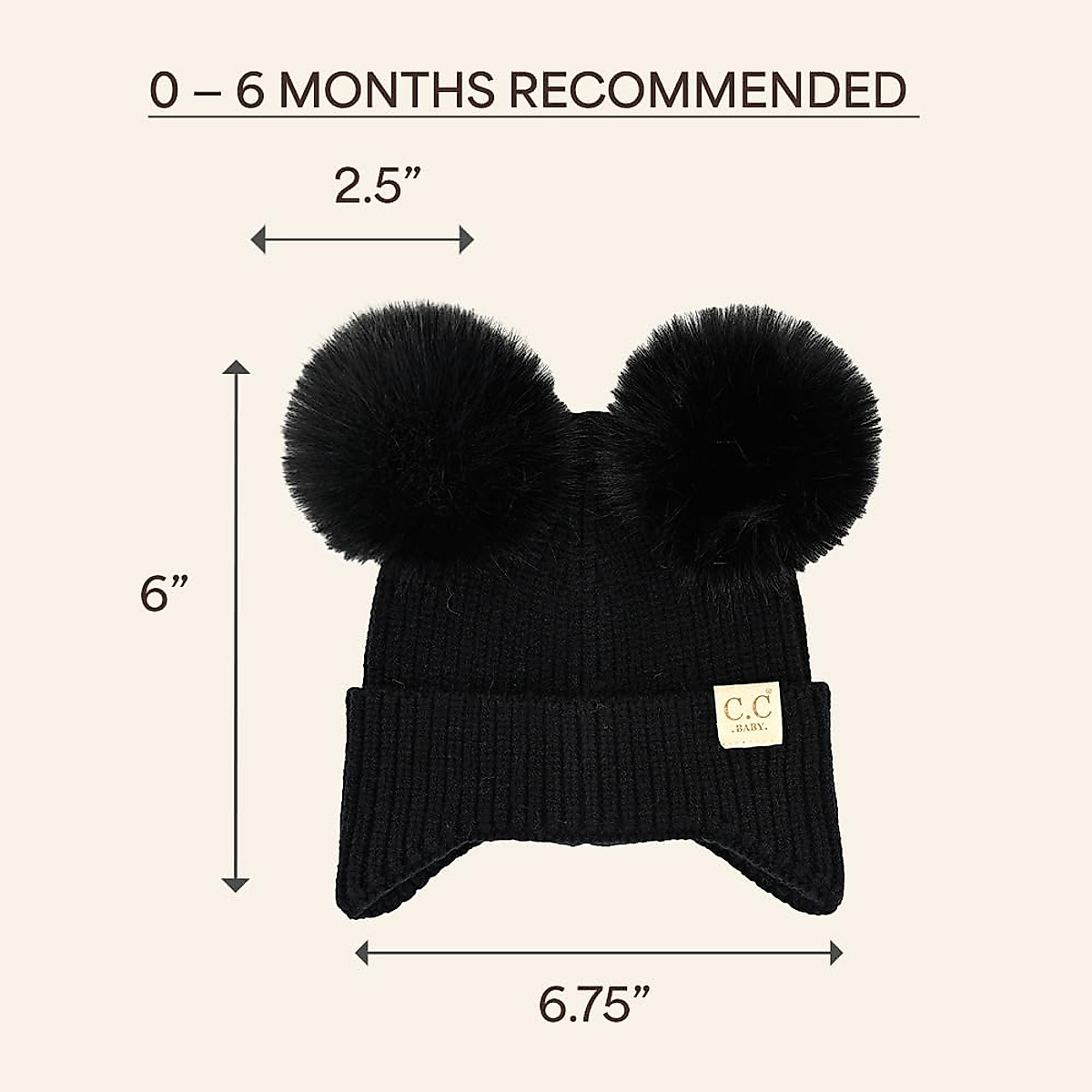C.C Baby Earflap Double Fur Pom Pom Beanie Black