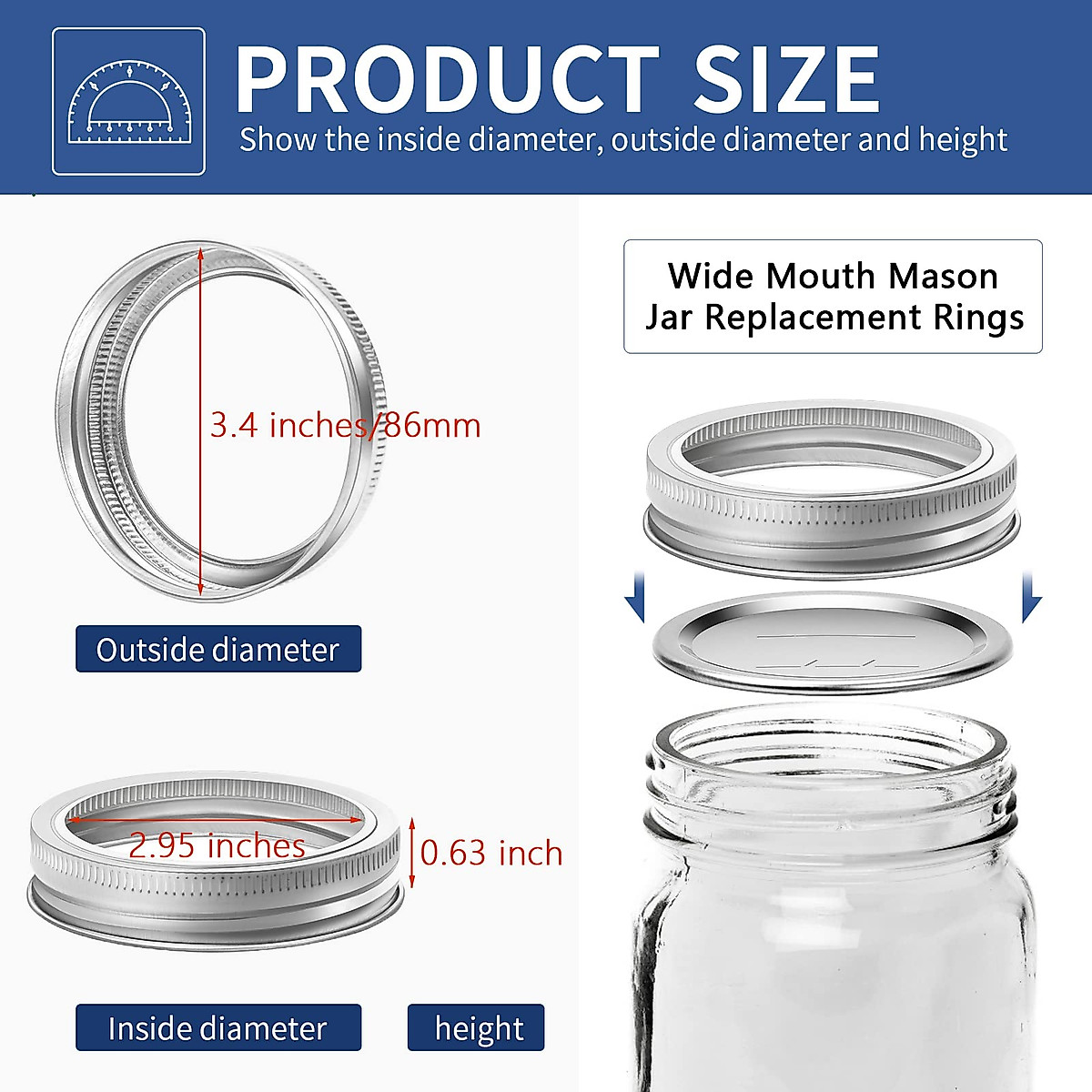 Wide Mouth Canning Rings, 24 PCS Mason Jar Rings Wide Mouth Split-Type Seals Canning Jar Rings, Metal Replacement Canning Bands Rust and Leak Proof Reusable Jar Rings for Large Mason Jars