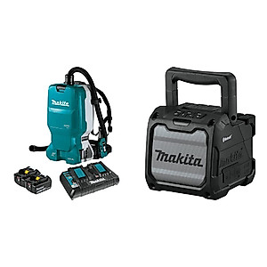 Makita XCV18PTX 36V (18V X2) LXT Brushless 1.6 Gallon HEPA Filter Backpack Dry Dust Extractor Kit, AWS Capable (5.0 Ah) and XRM08B 18V LXT / 12V max CXT Lithium-Ion Cordless Bluetooth Job Site Speaker