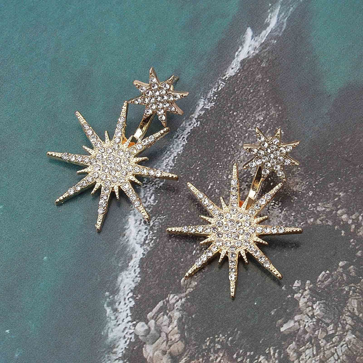 Yheakne Starburst Jacket Earrings Gold Rhinestone Sun Earrings Front Back Studs Earrings Boho Celestial Earrings Jewelry for Women and Girls Gifts (Gold)