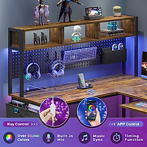 SEDETA L Shaped Computer Desk, Reversible Corner Desk with Power Outlet and Pegboard, Computer Desk with Led Lights, Keyboard Tray, Headphone Hook and Storage Shelves, Rustic Brown