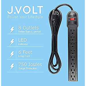 J.VOLT 8 Port Power Strip Surge Protector, 6 Feet Cord with Lit Switch, for Home Office School Shop Garage, Wall Mountable,750J 15A 125V 1875W, 14AWG, UL Listed, Black