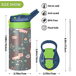 Cute Hedgehog Kids Water Bottle, BPA-Free Vacuum Insulated Stainless Steel Water Bottle with Straw Lid Double Walled Leakproof Flask for Girls Boys Toddlers, 12Oz