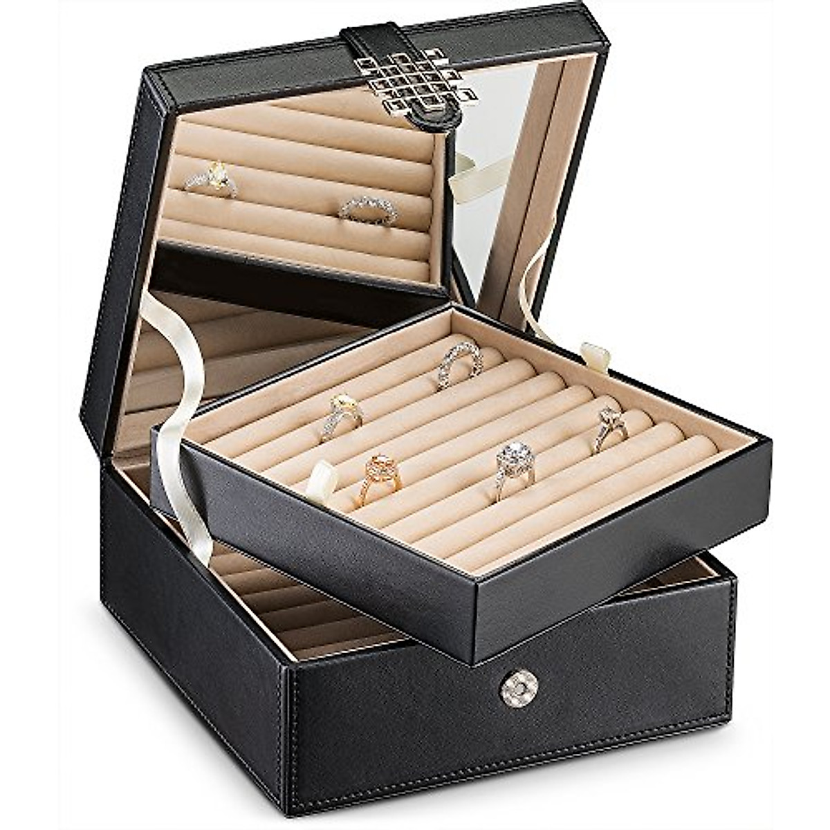 Glenor Co Ring Organizer Box - 108 Slot Classic Jewelry Display Holder - 2 Storage Trays with Modern Buckle Closure, Large Mirror - Holds Rings and Cufflinks - PU Leather Case - Black