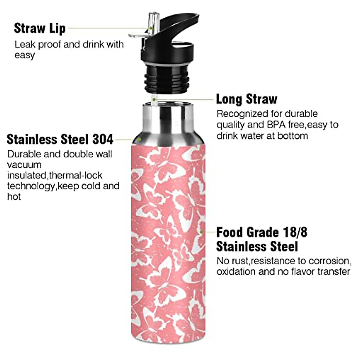 Water Bottle with Straw Lid 20oz Pink Butterfly Reusable Vacuum Insulated Stainless Steel Water Bottles, Leak Proof, BPA-Free.