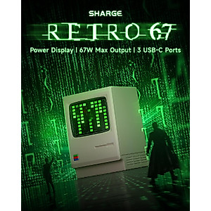 SHARGE USB C Charger, Retro 67 Power Display 3-Port Fast GaN Charger with Digital Rain, 67W Foldable Wall Charger for Phone 14/Pro Max/13, iPad, MacBook, Galaxy, Google Pixel Gifts Idea