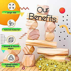 Panda Brothers Wooden Balancing Stones - Montessori Toys for 3 4 5 Year Old Kids and Toddlers Learning Sensory Toy, 20 Large Size Wooden Building Blocks Set of Stacking Stones for Kids Pine Wood Rocks