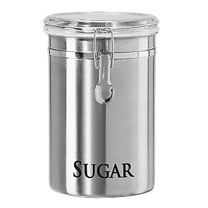 Oggi Stainless Steel Sugar Canister 62 fl oz - Airtight Clamp Lid, Clear See-Thru Top - Ideal Sugar Container for Countertop, Sugar Jar, Bulk Sugar Storage. Large Size 5" x 7.5".