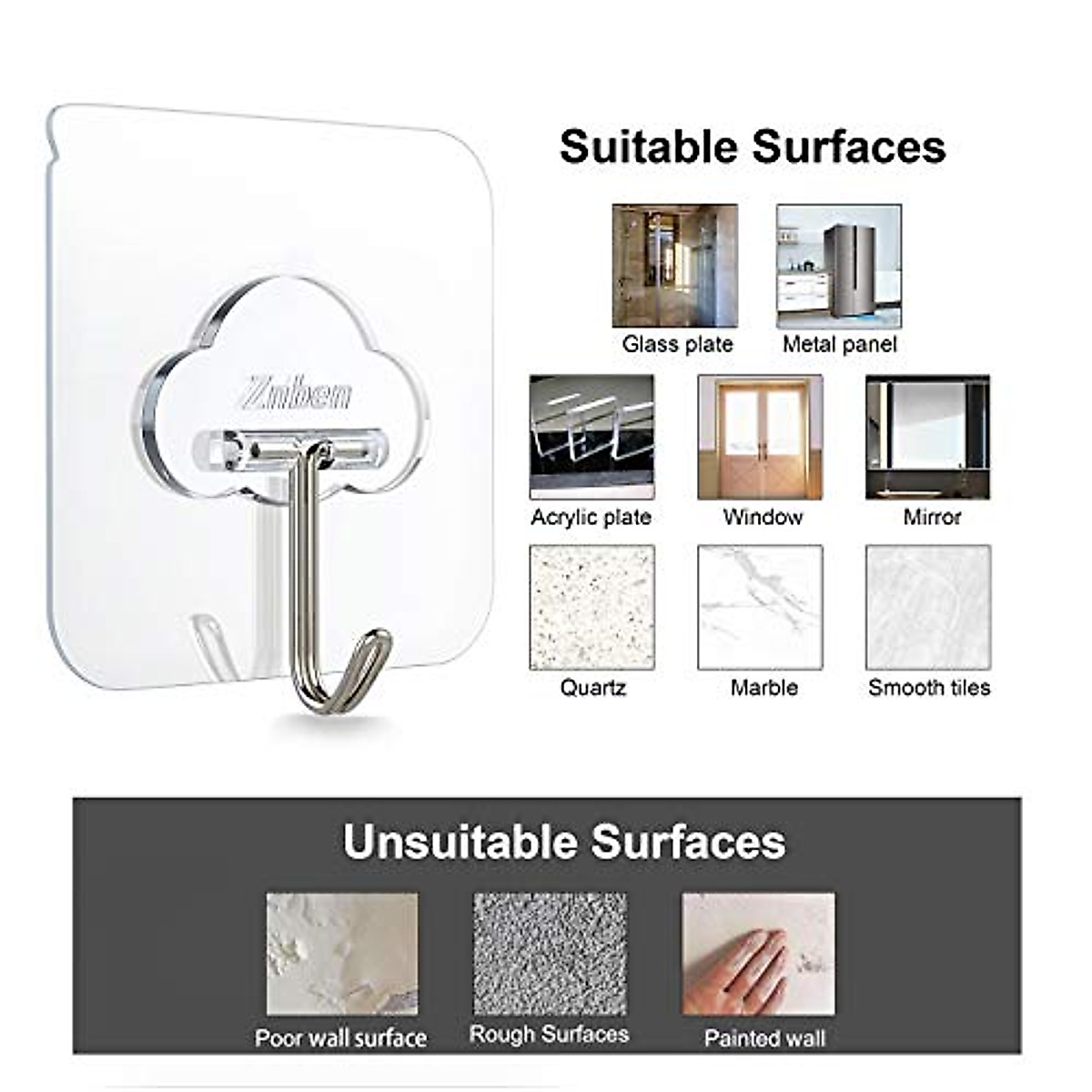 Znben Wall Hooks Adhesive Hooks Heavy Duty 13lb(Max), Sticky Hooks for Hanging Transparent Utility Hooks Wall Hooks for Kitchen Bathroom Office Shower Window 10 Pack