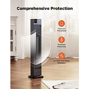 PELONIS 30” Ceramic Tower Space Heater with Adjustable Thermostat for Large Room, 75° Oscillation, Remote Control & 12H Timer, Tip-Over Switch & Overheating Protection, 1500W, PHF15RSAPH30, Black