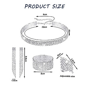 Women Rhinestone Stretch Bracelet Bangle Crystal Rhinestone Necklace Ring Dangle Fringe Earrings (Silver)