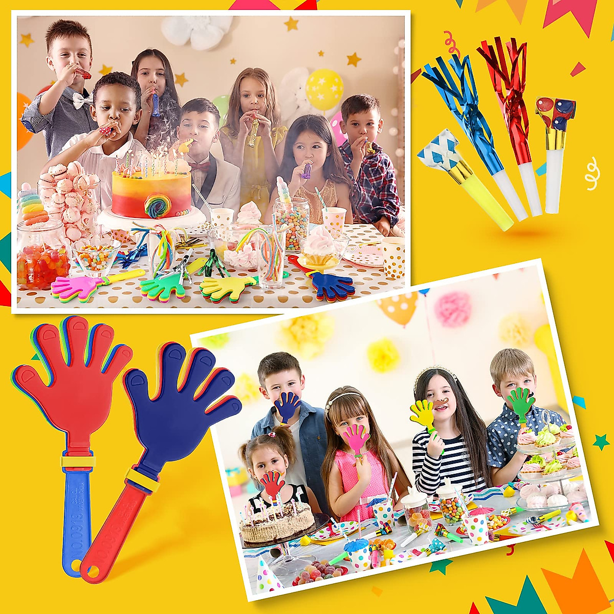 Yunsailing 224 Pcs Party Noise Makers Bulk Include Hand Clapper Noisemaker for Sporting Events Glitter Fringed Blowout Musical Plastic Blower for Kids Adult Birthday Carnival Graduation Decorations