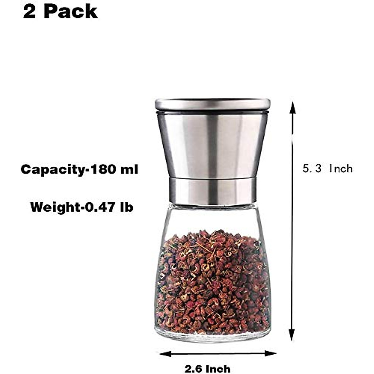 2 Packs Salt and Pepper Mills Brushed Stainless Steel Salt and Pepper Grinder Set(Pack of 2) with Adjustable Ceramic Coarseness Grinder and Glass Body- Salt and Pepper Shakers